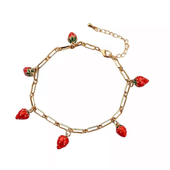 Jewelry | 18k Gold Plated Copper Red Enamel Strawberry Charms Bracelet ...